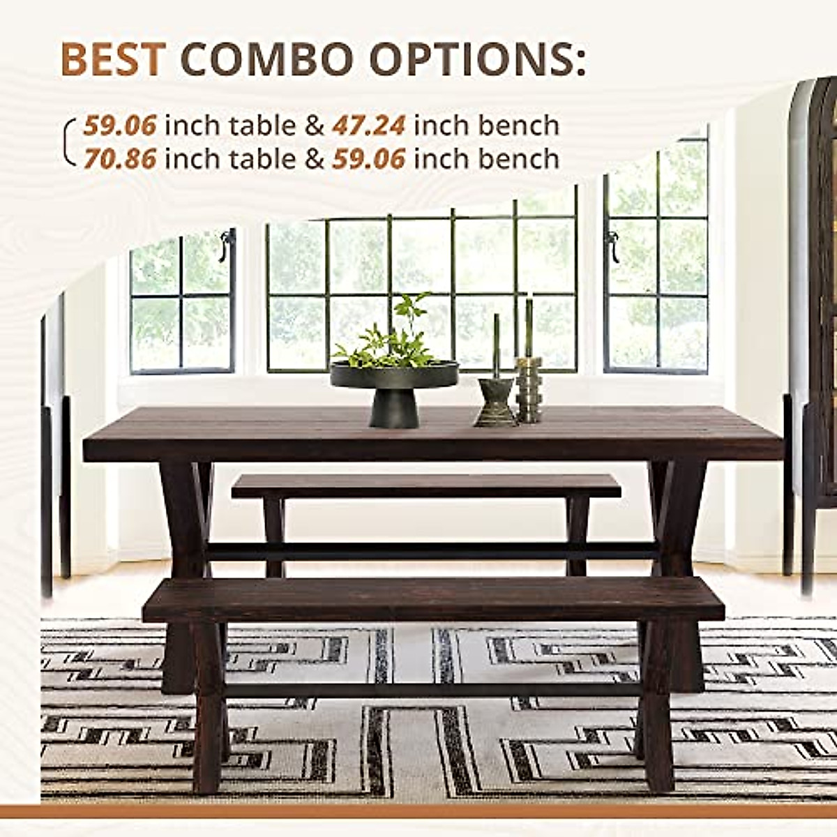 LUE BONA 59'' Dining Table for 6-8 Solid Wood Farmhouse Kitchen Table with Natural Wood Grain for Home and Kitchen, Heavy Duty Rectangular Kitchen & Dining Table for Home and Dining Room Dark Brown