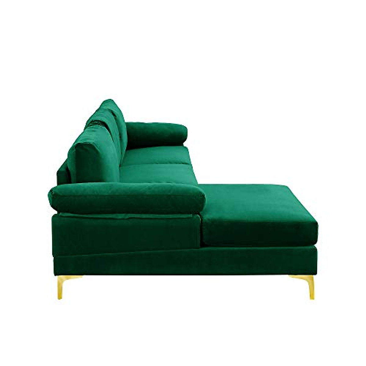 Casa Andrea Milano Modern Large Velvet Fabric Sectional Sofa Couch with Extra Wide Chaise Lounge with Golden Legs, L Shaped, Green