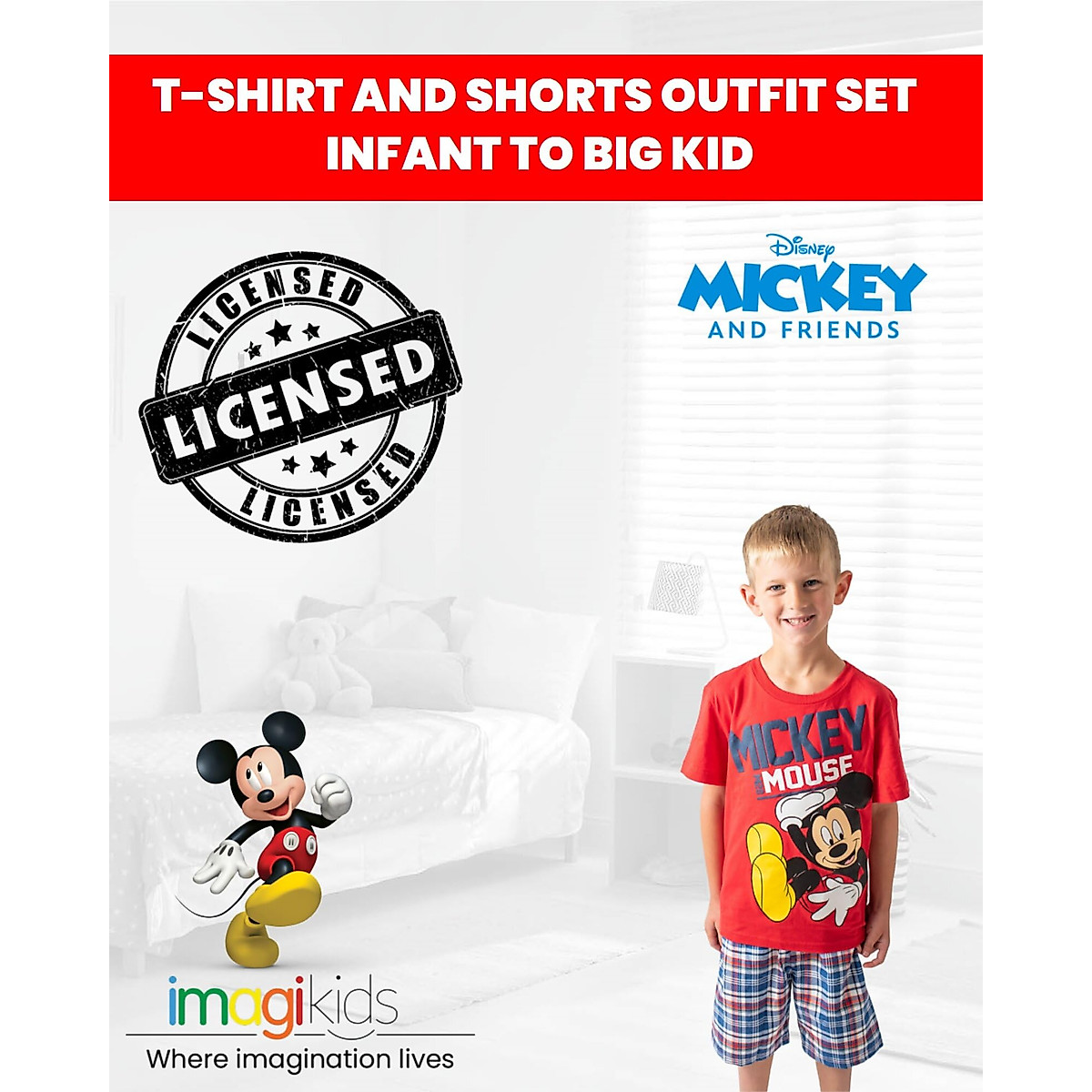 Disney Toddler Boys' Mickey Mouse Plaid Short Set with T-Shirt, Red, 3T