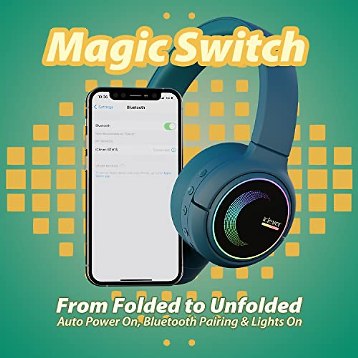 iClever Magic Switch Headphones for Kids Teens Bluetooth, Premium Sound, 45Hour Playtime, Safe Volume Mode, Built-in Mic Light Up Kids Bluetooth Headphones for Tablets, Smartphones (Vintage Green)