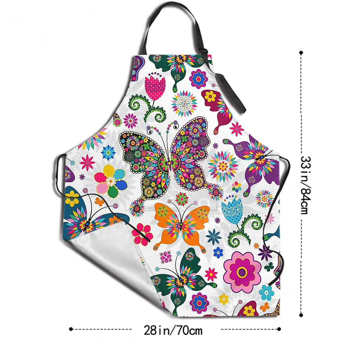 Kawani Colorful Butterflies and Flowers Apron Cute Art Adjustable Apron With 2 Pockets Abstract Aprons For Women Men Suitable For Kitchen Cooking Painting Grilling 28x33 Inch