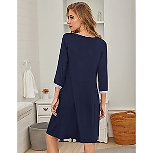 Ekouaer Sleepwear for Women Long Nightgowns for Women Sleepshirt Long Sleeve Nightgown Loose Fit Sleepshirt，Navy Blue L