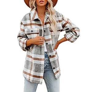 Beaully Women's Brushed Plaid Shirts Long Sleeve Flannel Lapel Button Down Pocketed Shacket Jacket Coats 6017 Khaki Large