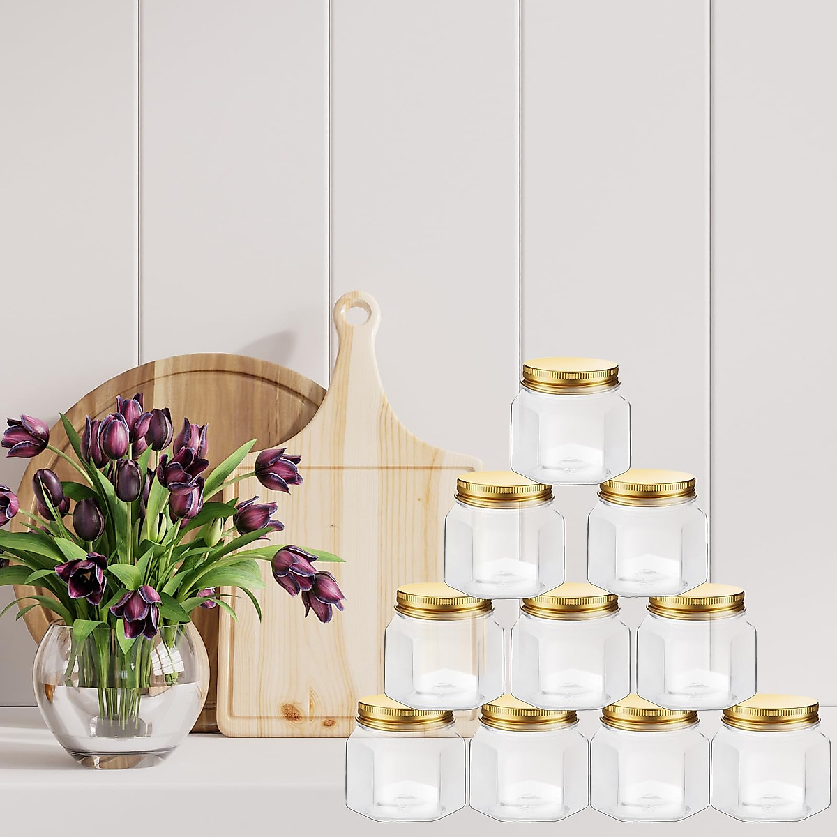 Yaomiao 75 Packs 3 oz Hexagon Plastic Jars with Gold Lids Mini Honey Jars Wide Mouth Small Spice Canning containerfor Party Wedding Favors, DIY Gift, Jams, Candy, Candle, Herbs