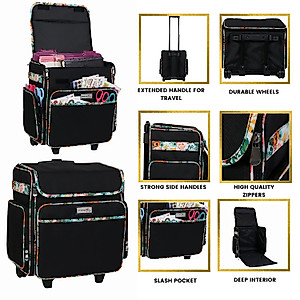 Everything Mary Black & Floral Rolling Scrapbook Storage Tote - Scrapbooking Storage Case for Rings, Paper, Binder, Crafts, Beads, Scissors - Telescoping Handle with Dual Wheels