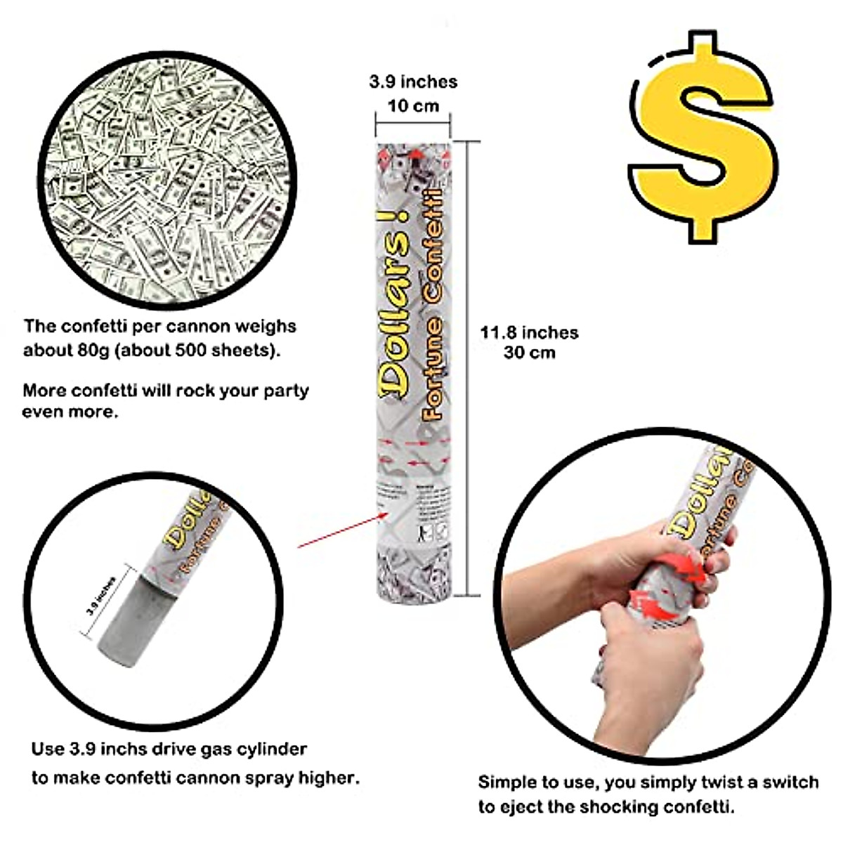 VICKYPOP Confetti Cannon Creative Small Size Dollar Bill Confetti Poppers Suitable for Business Signing, Opening Activities, Promotion and Salary Increase Celebration, Holiday or Birthday Party (Pack of 4)