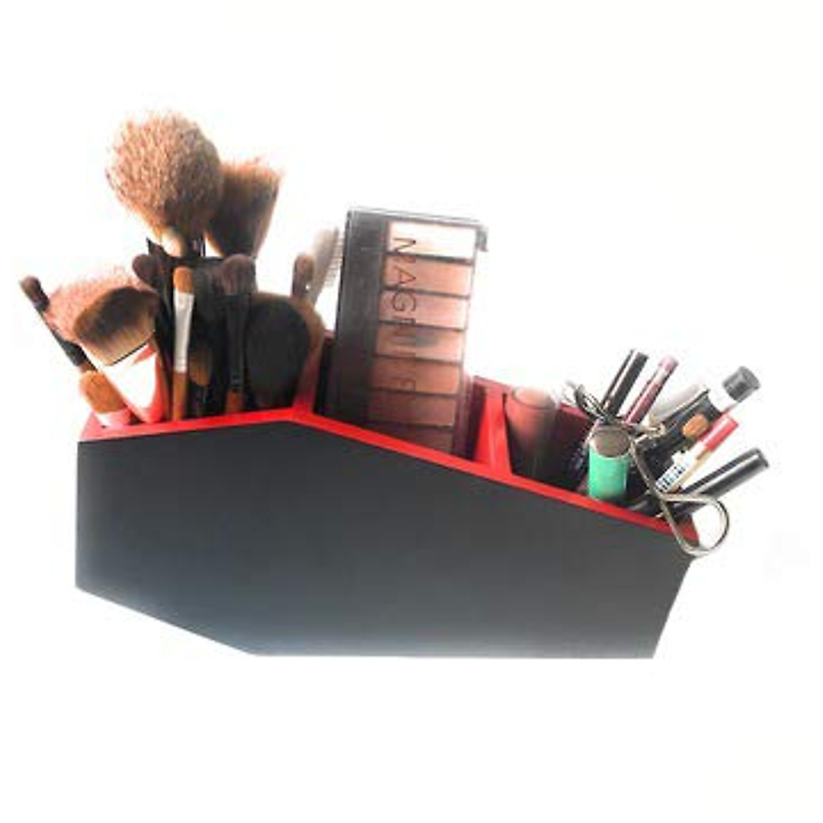 Underground Whispers Red Coffin Makeup Brush Holder - Triple Compartment Vanity Organizer and Desk Storage for Lipstick & Eyeshadow Pen - Skincare Cosmetic Display Cases for Bathroom (Red)