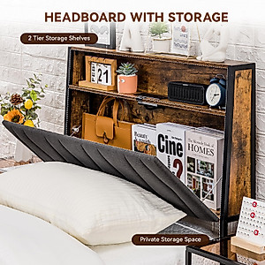 COMHOMA Twin Size Bed Frame, Platform Bed Frame with 2 Storage Drawers, Power Outlets, 2-Tier Storage Headboard and LED, Strong Support, No Box Spring Needed