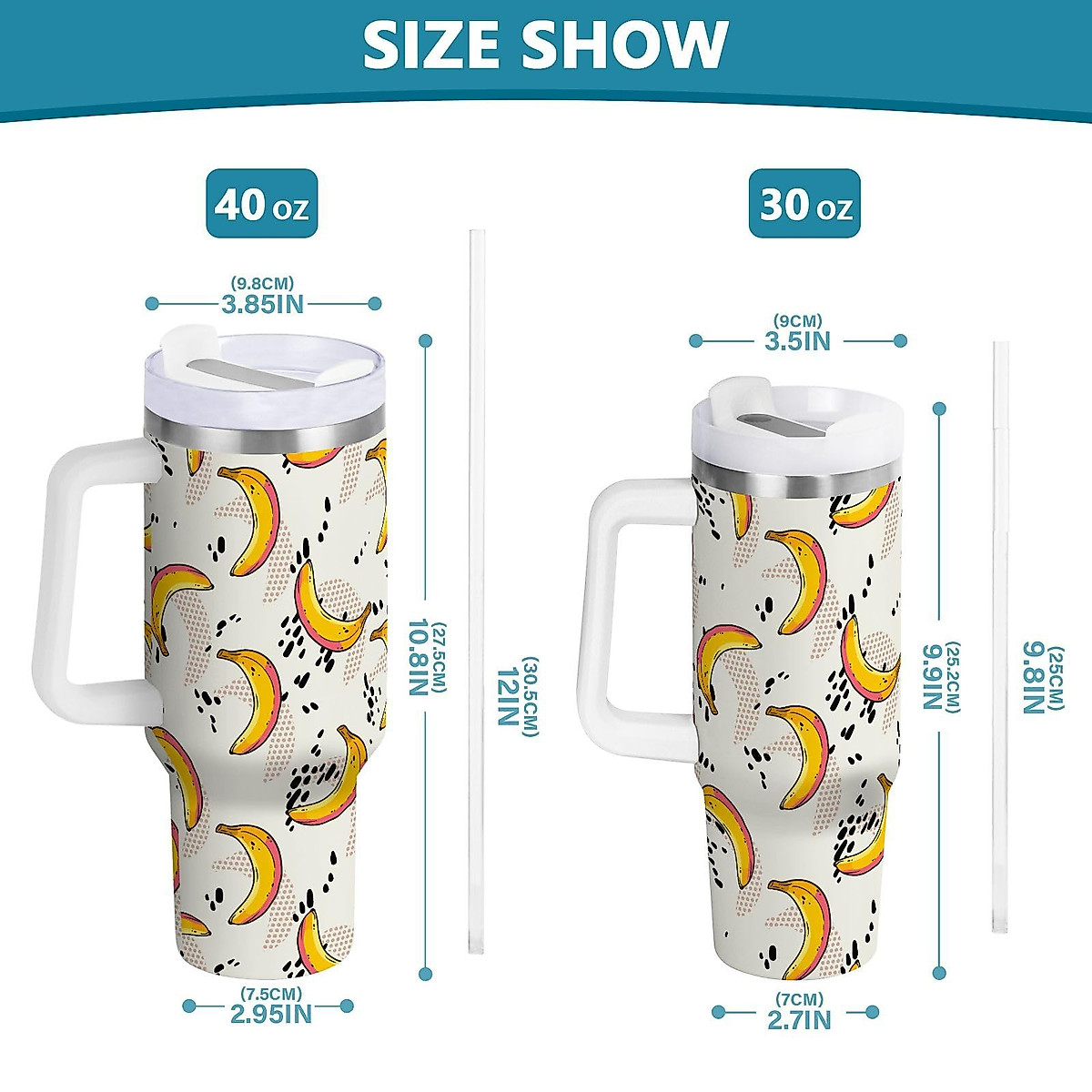 Emelivor Banana 40 oz Tumbler with Lid and Straw Insulated Tumblers with Handle Leak Proof Coffee Tumbler Mug Large Water Bottles for Men Women Sports Gym