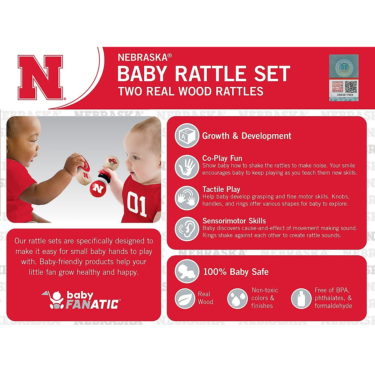 BabyFanatic Wood Rattle 2 Pack - NCAA Nebraska Cornhuskers - Officially Licensed Baby Toy Set