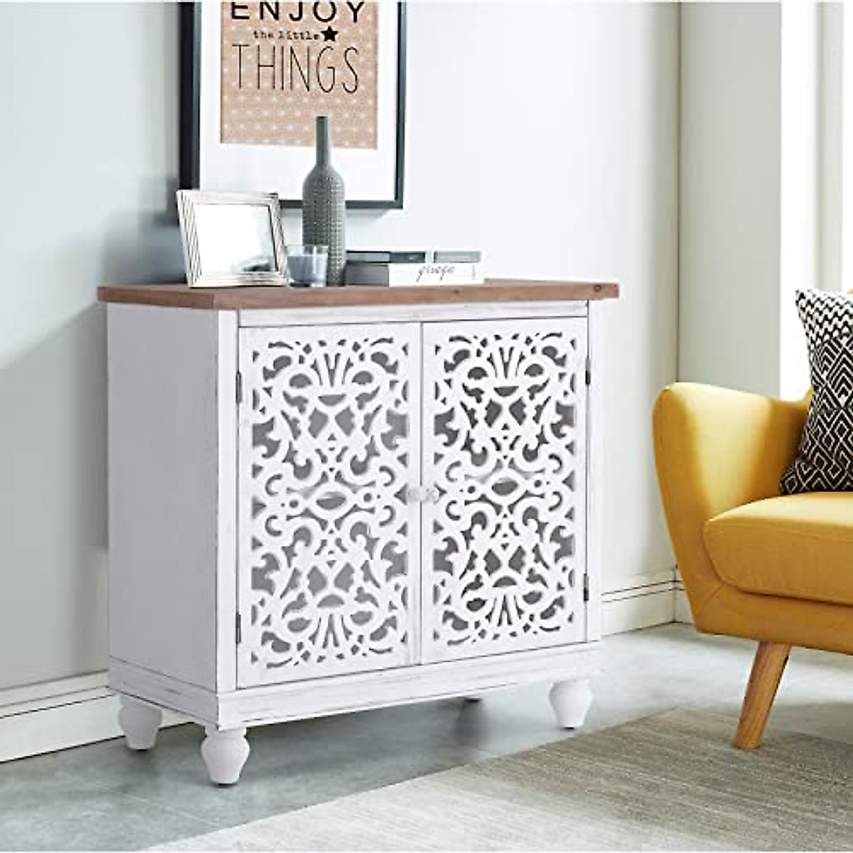 MAISON ARTS White Accent Cabinet with 2 Doors Storage Sideboard Buffet Cabinet for Living Room Kitchen Farmhouse Decorative Distressed Tall Bedroom Cabinet with Hollow Carved Doors