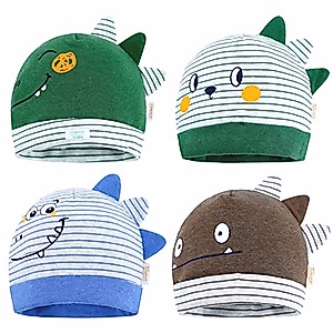 DOKMA Organic Cotton Toddler Hat Set 4 with Cute Dinosaur Design for Baby Boy, Baby Girl 0-6 Months