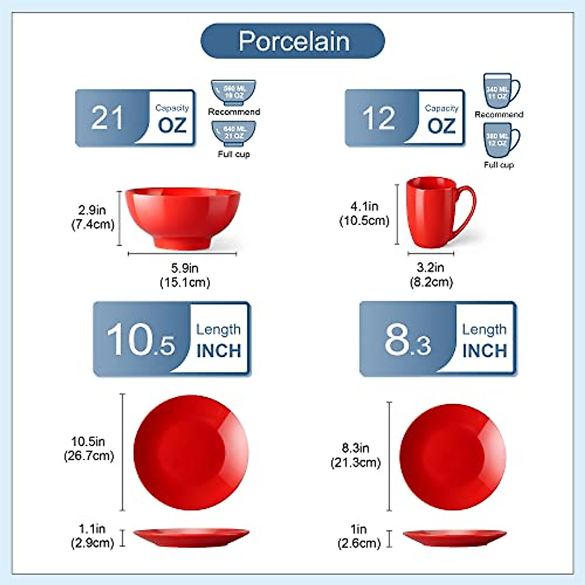 LOVECASA Red Dinnerware Sets for 4, 16 PCS Porcelain Dishes Set, Round Plates and Bowls Sets Including Dinner Plates, Dessert Plates, Bowls and Mugs, Microwave&Dishwasher Safe, Orangered