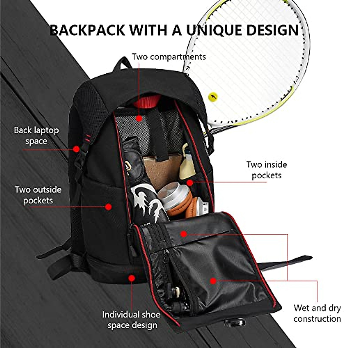 SDELABSub Tennis Sports Bag Backpack for Men Women,25L Lightweight Outdoor Sports Outfitted Backpack with Shoe Compartment for Badminton,Gym,Pickleball Bag or Excursion Camping