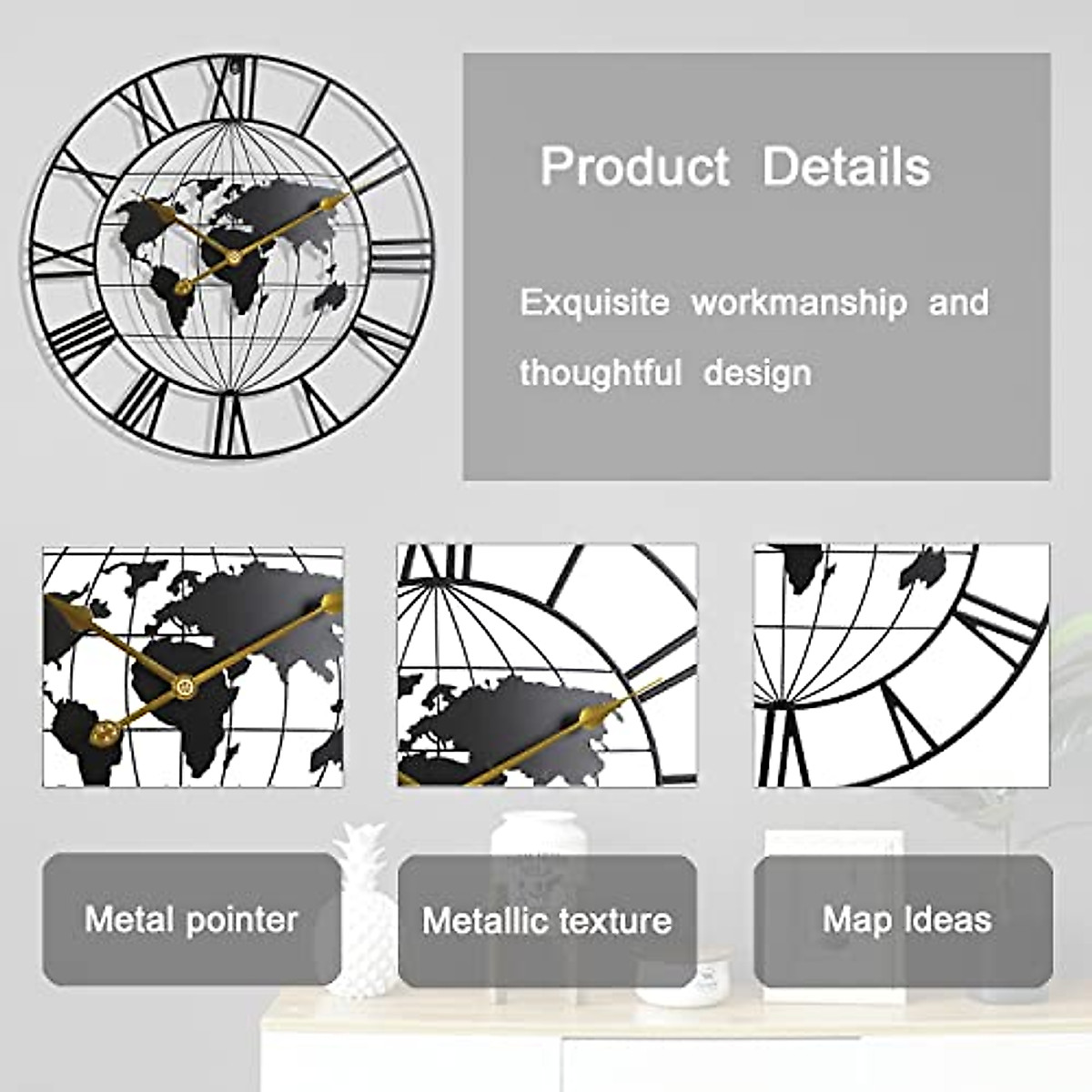 Large World Map Wall Clock, Metal Minimalist Modern Clock, Round Silent Non-Ticking Battery Operated Wall Clocks for Living Room/Home/Kitchen/Bedroom/Office/School Decor (24 Inch)