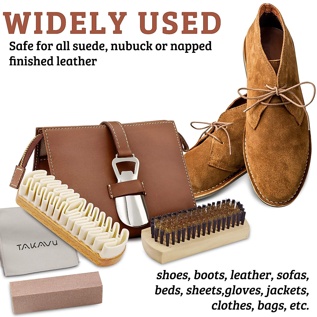 TAKAVU Premium Suede & Nubuck Cleaning Kit - Crepe Brush, Brass Bristle Brush, Microfiber Towel Cloth, Cleaning Block Eraser for Shoes, Boots