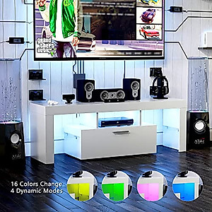 LMEREODY Modern LED TV Stand for 32/40/50/55 inch TV, Gaming Entertainment Center with LED Lights, High Glossy Television Stands with Storage, White Wood TV Console for Living Room, Bedroom