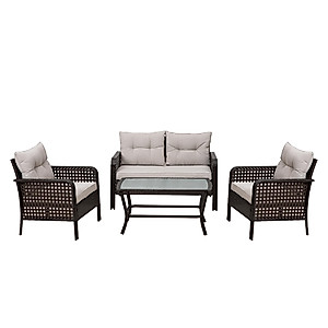 RoyalCraft Patio Furniture Set 4 Pieces, Wicker Conversation Sets with Cushions and Glass Coffee Table, Outdoor Rattan Chair for Garden Backyard Porch Balcony Deck, Brown and Beige