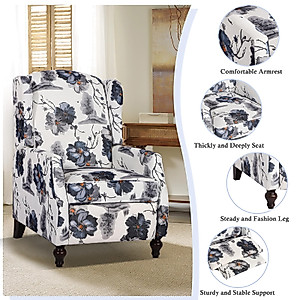 B BAIJIAWEI Wingback Recliner Chair - Tufted Arm Chair Recliner - Fabric Push Back Recliner Chair for Living Room Adjustable Backrest (Single, Blue Floral)