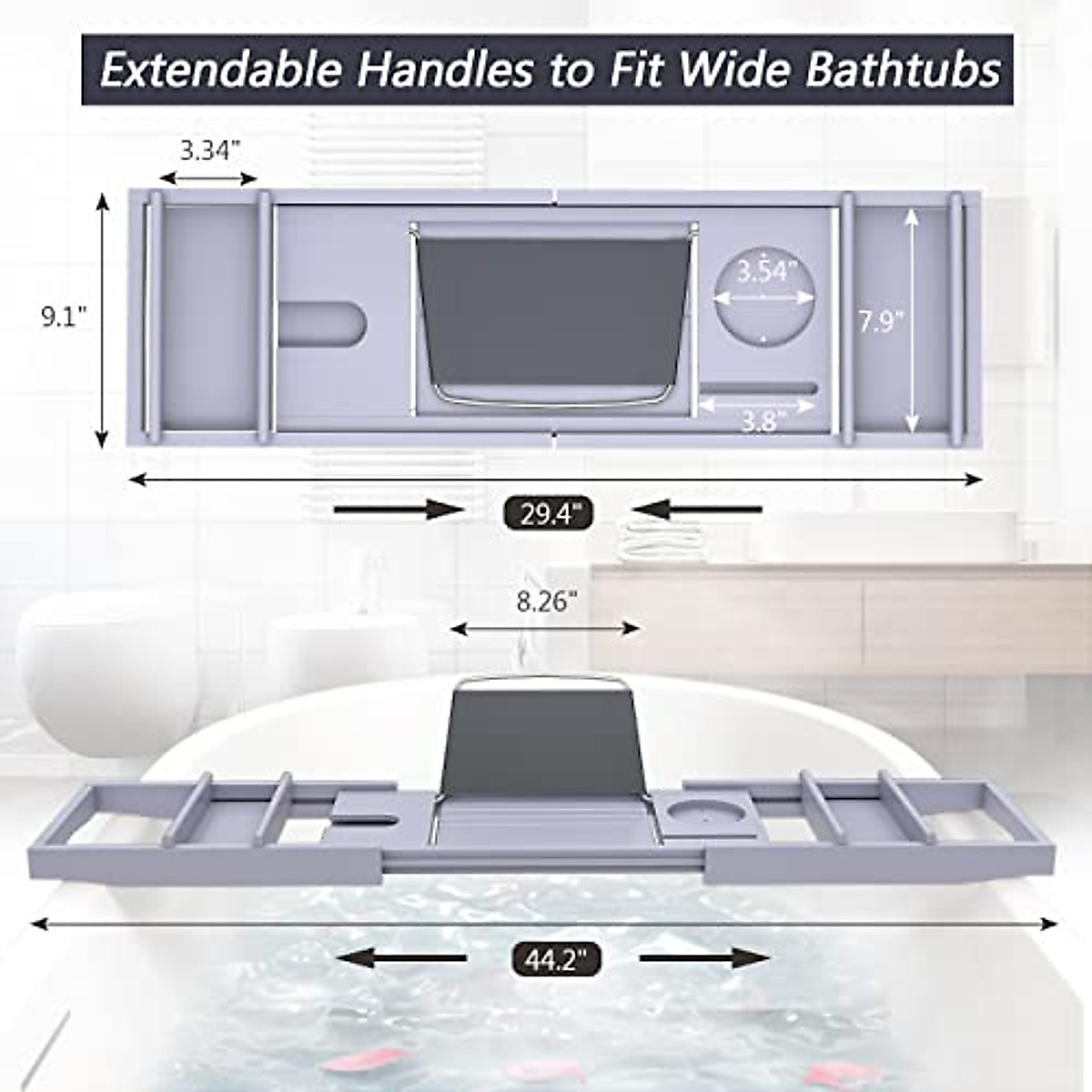 Domax Bathtub Caddy Tray Expandable Bamboo Tub Tray for Luxury Bath with Book Holder and Free Soap Dish (Gray, 29.4"-44.2"x 9.1"x1.65")