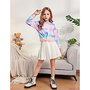 Arshiner Girls Casual Twist Front Light Weight Sweatshirt Tie Dye Printed Long Sleeve Crop Tops Pullover Size 7-8 Years