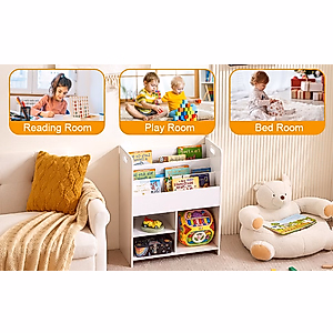 VECELO Kids Book Organizer - Wooden Children’s Bookshelf with 3-Tier Display and 2-Tier Storage Compartments, Easy-to-Access Toddler Bookcase for Playroom, Bedroom, or Nursery - White