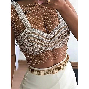 Yokawe Mesh Crystal Body Chain Black Sparkle Rhinestone Fishnet Tank Tops See Through Bikini Crop Top Nightclub Party Rave Festival Body Accessories Jewelry for Women and Girls