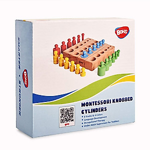BOHS Montessori Knobbed Cylinders Blocks - 6 Pegs / 6.7 Inches - Colorful Wooden Early Home School Toys - 4pcs Set