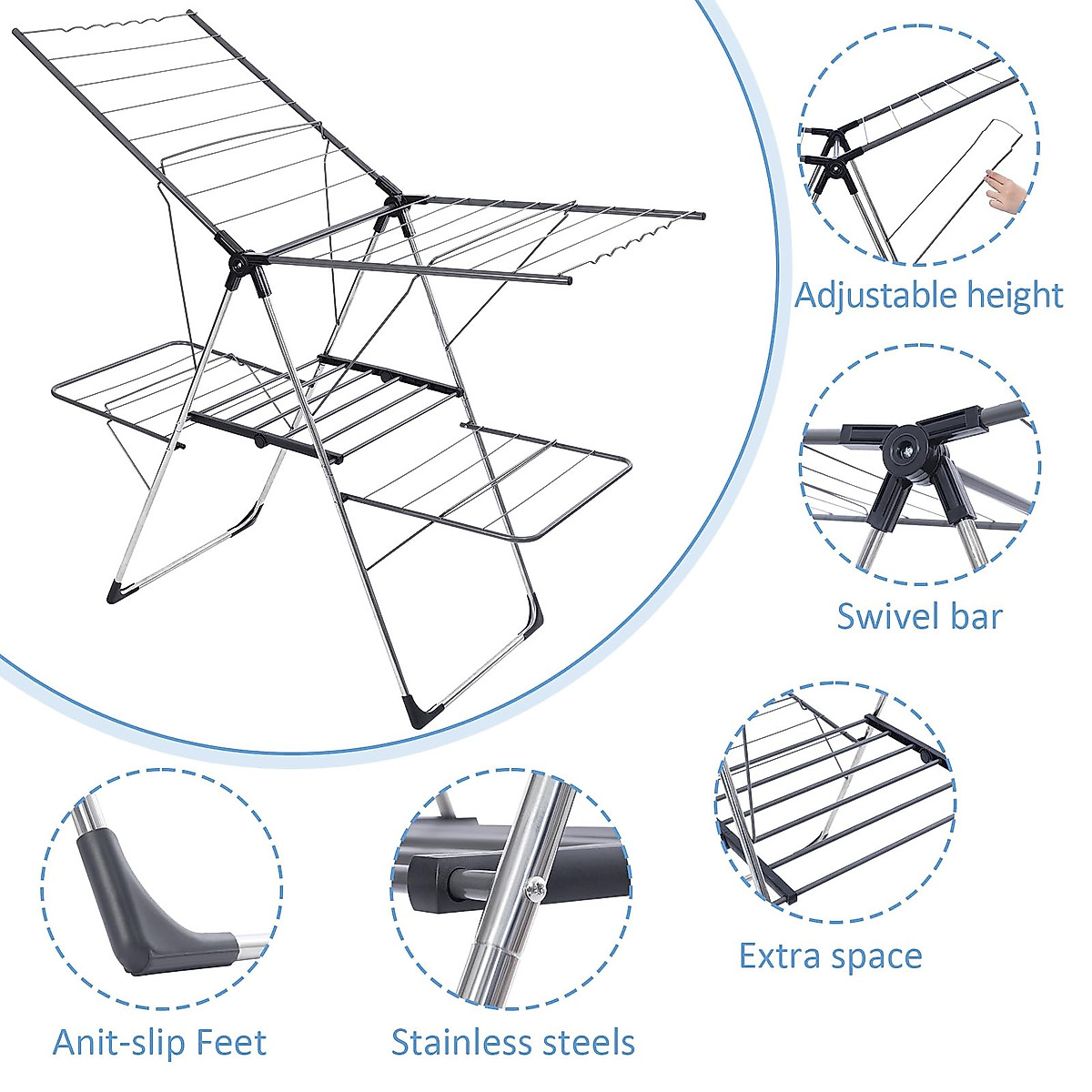 APEXCHASER Clothes Drying Rack, Foldable 2-Level Laundry Racks for Drying Clothes Rack, with Height-Adjustable Wings, Indoor/Outdoor Portable Dryer for Clothing and Towels