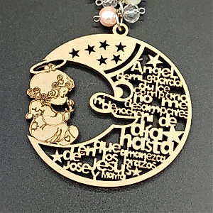 Solkool 12Pcs Wood Angel Moon Design Keychain Baptism Favors with Angels for Boy Or Girl Baby Shower Recuerdos de Bautizo With Orgazna Bags (Girl)