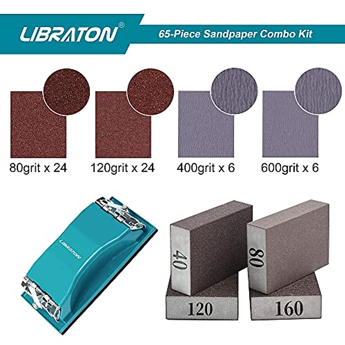 Sandpaper 65Pcs, Sand Paper, Sandpaper Assortment 80/120/400/600Grit, Assorted Sandpaper for Wood, Sanding Sponges, Sanding Handle, Heavy Grit Sandpaper Sheets for Wood, Metal, Wet and Dry Sanding