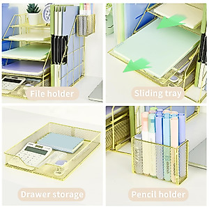 Spacrea 5-Tier Paper Letter Tray Organizer with File Holder - Office Desk Accessories & Workspace Organizers with Drawer and Pen Holder, Cute Desk Organizer for Office Supplies (Gold)