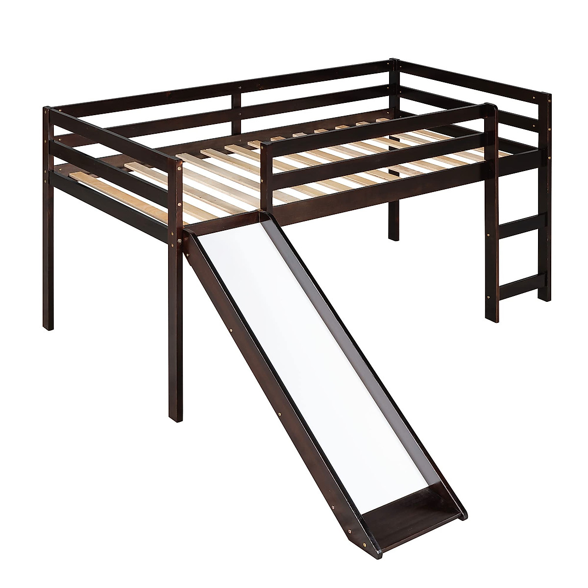 Harper & Bright Designs Kids Low Loft Bed with Slide, Twin Size Wooden Loft Bed Frame, Espresso