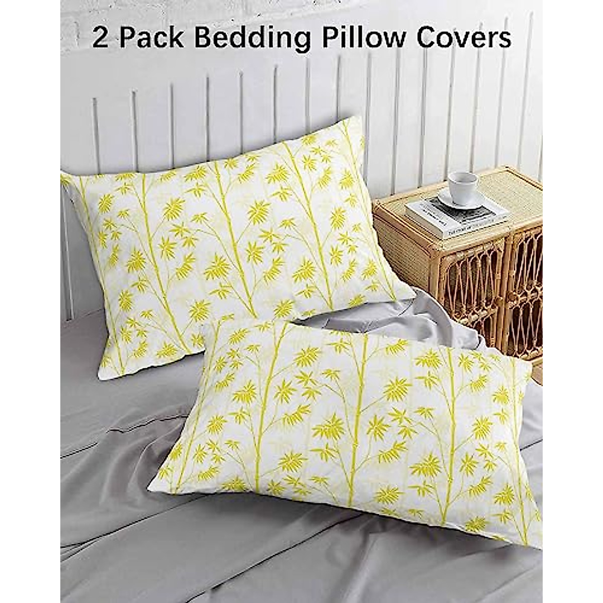 Edwiinsa Yellow Floral Pillow Covers Standard Size Set of 2 Bed Pillow, Botanical Modern Abstract Art Aesthetics Plush Soft Comfort for Hair/Skin Cooling Pillowcases with Envelop Closure 20''x26''