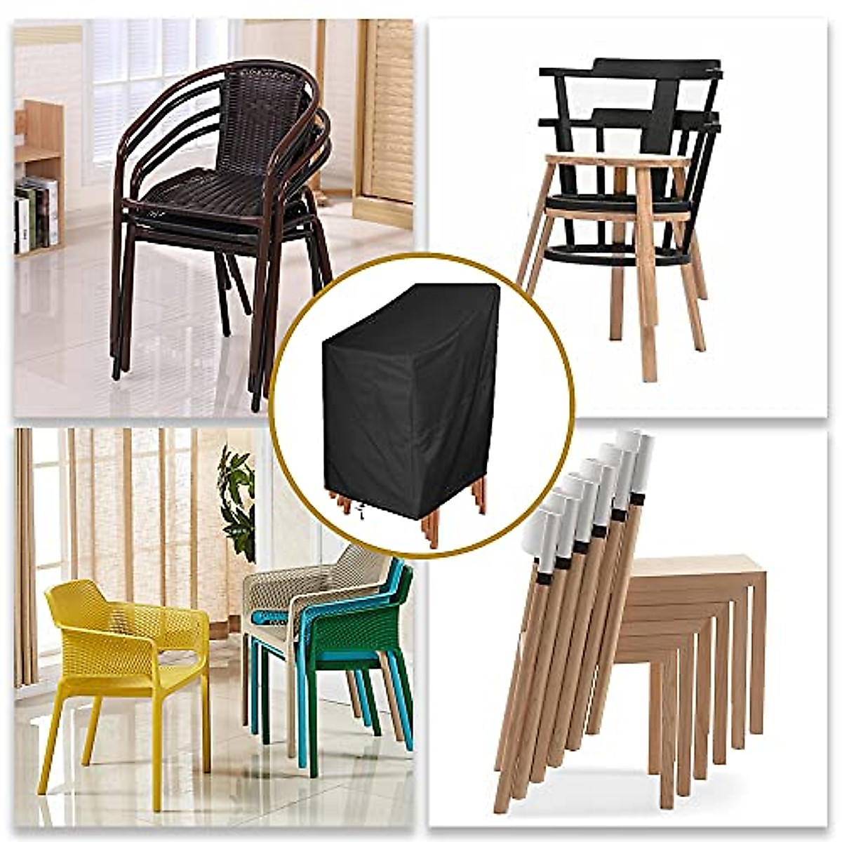 COOSOO High Back Stackable Chair Cover Patio Waterproof Chair Storage Bag Outdoor Furniture Cover Lounge Deep Seat Protection with Windproof Elastic for Garden Black