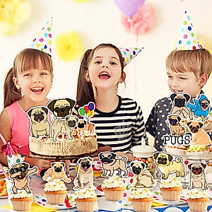 50 Pieces Pug Cupcake Toppers Pet Pugs Dog Cake Decoration Cute Pet Dog Pug Themed Stickers (2 in 1) Kids Boy Girl Happy Birthday Party Supplies
