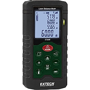 Extech DT60M Laser Distance Meter, Measurements up to 196 feet, Backlit LCD Display, Integrated Pythagorean Theorem, 20 Point Memory, Stakeout Function, Handy Built-in Bubble Level