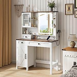 Farmhouse Makeup Vanity with Mirror and Lights,37" Wide Vanity Desk with Power Strip,Vanity Table with 3 Drawers and Cabinets,3 Color Modes & Adjustable Brightness, Dressing Table for Bedroom