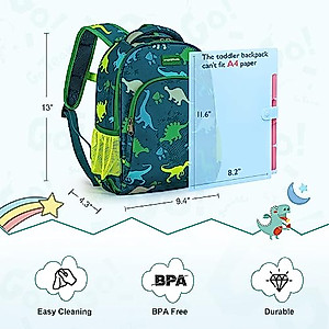 mommore Small Backpack for Kids, Dinosaur Toddler Boys Backpack Kindergarten Bookbag for Students Preschool Backpack for Children with Chest Strap Water Resistant, green