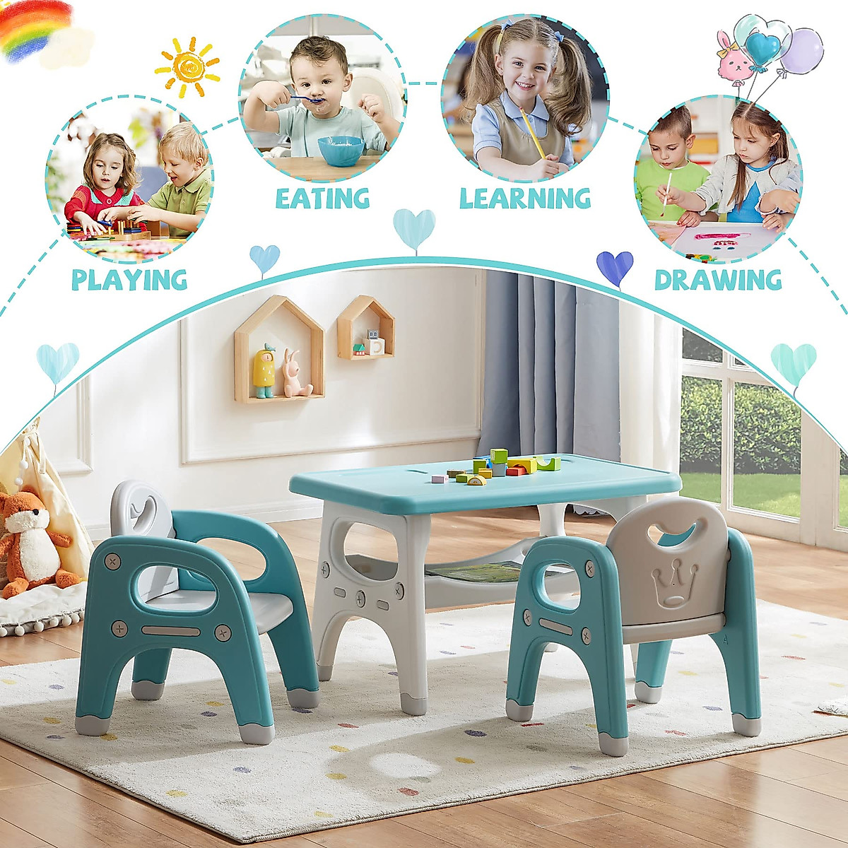 DOREROOM Kids Table and Chair Set, Plastic Children Activity Table with 2 Chairs, Toddler Table and Chair Set for Reading, Drawing, Snack Time, Arts Crafts, Preschool, Gift for Boys Girls