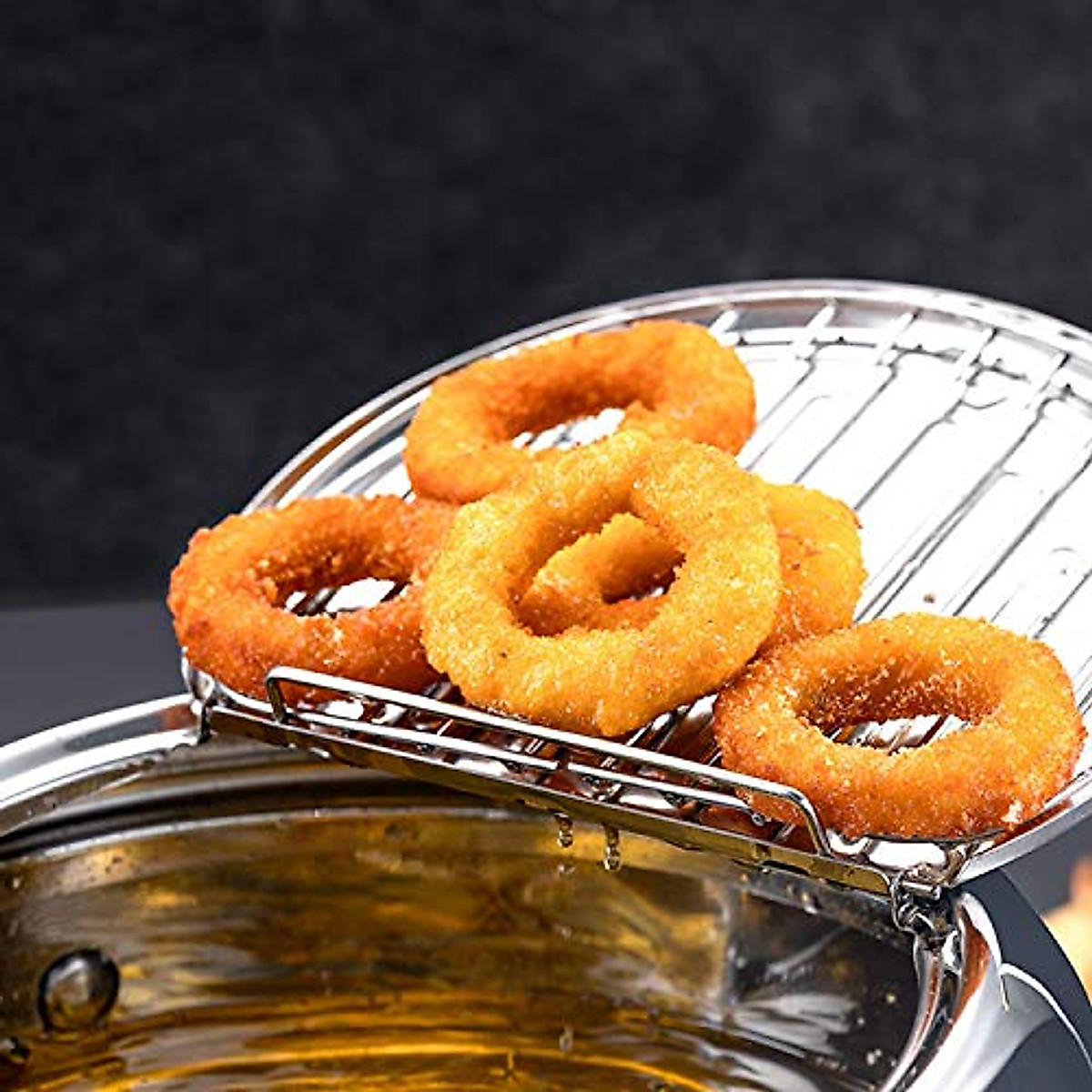 TIYOORTA Mini deep fry pan with basket draining rack Stainless steel Fryer pot with Thermometer for Chicken French Fries Fish onion ring