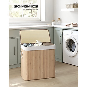 SONGMICS Laundry Hamper, 39.6 Gallons (150L), 3-Section Laundry Basket, Laundry Hamper with Lid, Bamboo, Foldable, Removable and Machine Washable Liner, for Laundry Room, Bedroom, Natural ULCB091N01