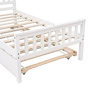 HomSof Twin Trundle, Platform Bed Frame with Headboard and Footboard,for Bedroom Small Living Space, White