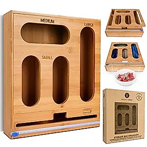 Night Tree Plastic bag storage organizer - Ziplock Sandwich bag organizer for kitchen plastic bag storage or Wall Mount - 5 in 1 Includes Plastic Wrap or Foil dispenser with Cutter