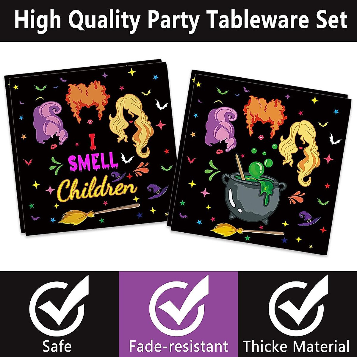 Halloween Hocus Pocus Party Tableware Set Halloween Decorations Paper Plates, Napkins, Cups, Forks for Halloween Witch Theme Party Decorations Hocus Pocus Party Supplies Favors, 24 Guests