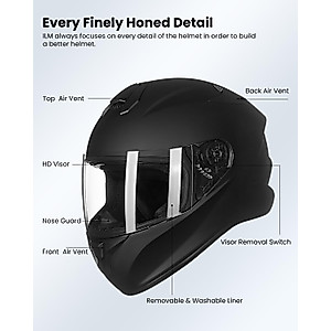 ILM Full Face Motorcycle Street Bike Helmet with Enlarged Air Vents, Free Replacement Visor for Men Women DOT Approved Model ST-06 (Matte Black, Large)