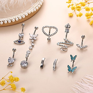 FIASASO 10Pcs Belly Button Ring 14G Dangle Cute Gold Plated Snake Evil Eye Heart Clear CZ Butterfly Clicker Belly Button Rings for Women Belly Piercing Pack silver