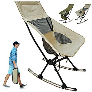 TeqHome Folding Rocking Chair, Outdoor Rocking Chair with Carry Bag, Foldable Padded Rocking Chair, for Camping, Patio, Angling, Supports 300lbs(Beige)