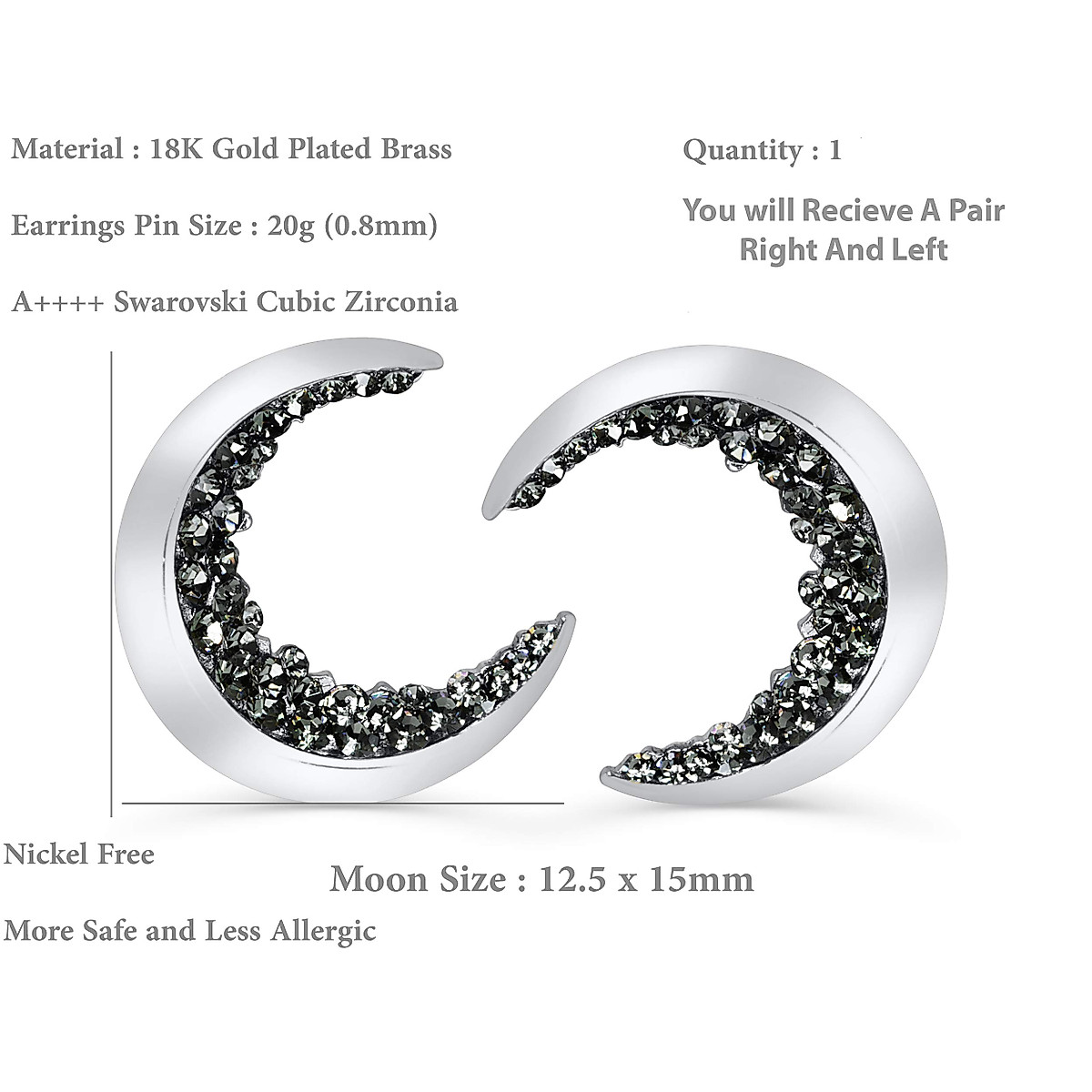 ONDAISY 20G 14K Rhodium Plated Black Cz Boho Gypsy Planet Half Sun Crescent Sailor Luna Moon Ear Studs Piercing Earrings