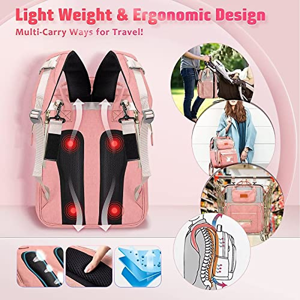 Gimars 5 in 1 Diaper Bag Backpack, Waterproof Diaper Bags for Travel with Insulated Milk Bottle Pocket, Large Capacity and Stroller Straps, Pink